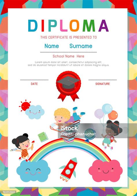 인증서 유치원 및 초등 학생 유치원 아이 들 졸업장 인증서 패턴 디자인 서식 파일 졸업장 유치원 학생 아이 들 졸업장 증명서 서식 파일 벡터 일러스트 레이 션 아이에 대한