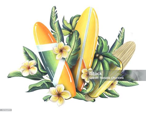 서핑 보드는 주황색과 흰색 줄무늬가있는 노란색이며 열대 잎과 코코넛 야자수 플루 메리아 꽃이 있습니다 수채화 그림입니다 컬렉션에서 구성 서핑 장식 디자인 만화에 대한 스톡