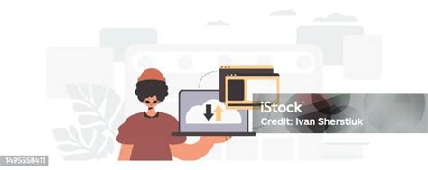 그 사람은 정보 용량과 동기화된 태블릿을 들고 있습니다 트렌디한 스타일 벡터 일러스트레이션 꽃 식물에 대한 스톡 벡터 아트 및