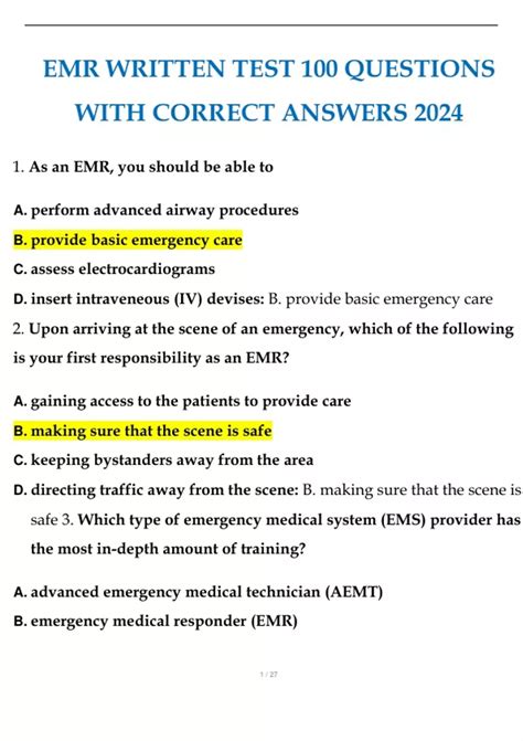 Emr Written Test 100 Questions With Correct Answers 2024 Emr Stuvia Us