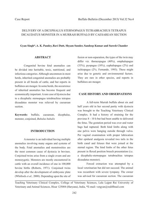 Pdf Delivery Of A Dicephalus Sternopagus Tetrabrachius Tetrapus Dicaudatus Monster In A Murrah