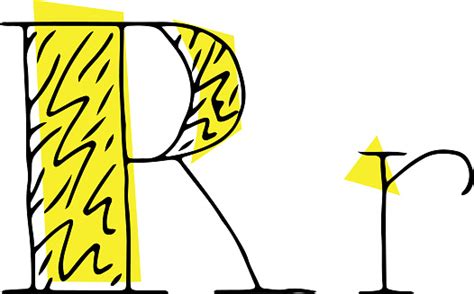 대문자 R 및 소문자 손으로 검은색으로 그려진 음영 처리된 대문자와 다양한 직사각형 및 삼각형 모양의 노란색 채우기 0명에 대한 스톡 벡터 아트 및 기타 이미지 Istock