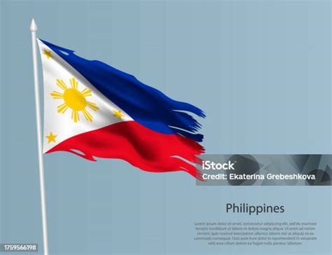 누더기 필리핀의 국기 파란색 배경에 물결 모양의 찢어진 천 3차원 형태에 대한 스톡 벡터 아트 및 기타 이미지 3차원 형태 개체 그룹 국가 관광명소 Istock