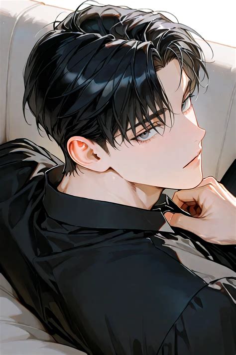 1 남성검은색 머리카락뒤쪽의 회색 눈소파에 몸을 올려놓을 거예요잘생겼어그리고 내 입은 약간 벌어져 있다 Seaart Ai