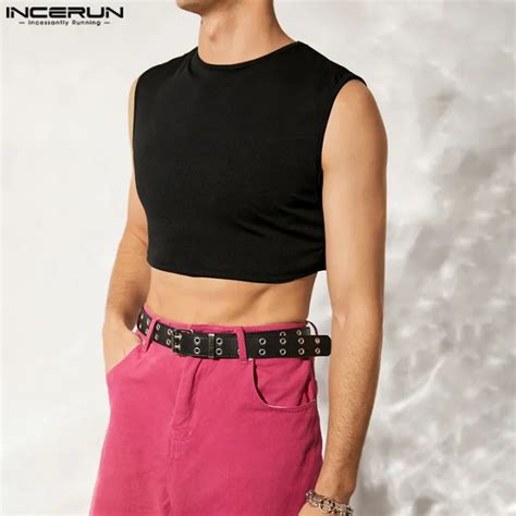 Incerun เสื้อยืดแขนกุดสำหรับผู้ชายเสื้อคอลูกเรือเสื้อพังค์เสื้อครอปเปลือยหลัง สไตล์ตะวันตก