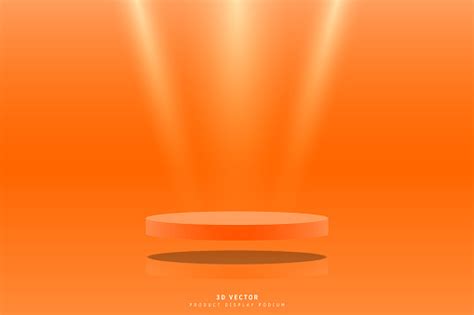 스튜디오 룸에서 공중에 떠 있는 사실적인 주황색 실린더 연단 무대가 있는 3d 배경 제품 프리젠테이션 모형 템플릿을 위한 최소한의 벽 장면 제품을 광고하거나 홍보하기 위한