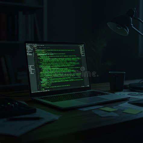 A Dimly Lit Workspace Featuring An Open Laptop Displaying Green Code On Its Screen Stock