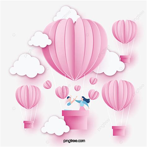 핑크 발렌타인 데이 로맨틱 종이 컷 열기구 발렌타인 데이 낭만적 인 커플 Png 일러스트 및 벡터 에 대한 무료 다운로드