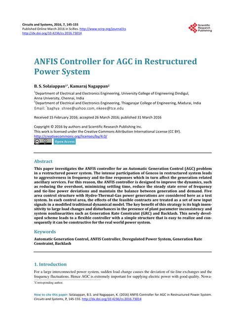 Pdf Anfis Controller For Agc In Restructured Power System