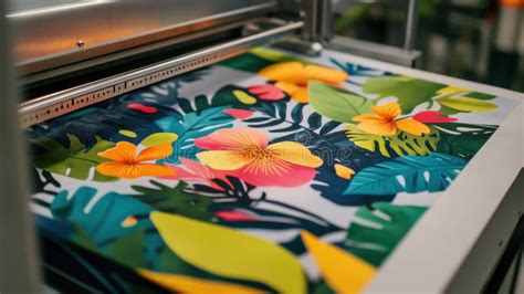 Large Format Printer Printing A Colorful Floral Pattern On White Fabric Stock Illustration