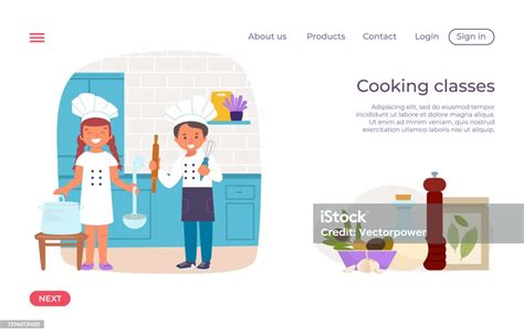 요리 어린이 클래스 현대 방문 웹 배너 젊은 요리사 소년 요리 모자 소녀는 흰색에 고립 된 요리 물건 플랫 벡터 일러스트레이션을