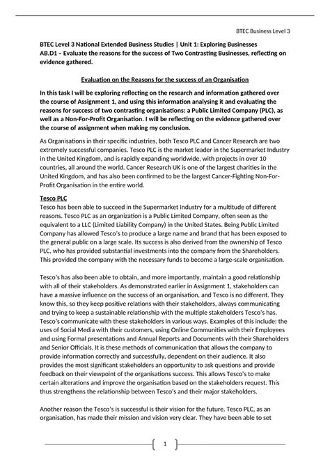 Summary Btec Business Level 3 D1 Unit 1 Exploring Businesses Distinction Unit 1
