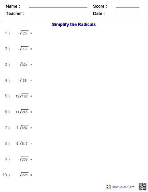 Algebra 1 Simplifying Radicals