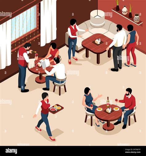 Isometric Restaurant Concept With Visitors And Waiters In Comfortable Interiors Vector