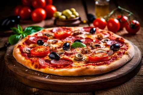 Hot Tasty Traditional Pepperoni Italian Pizza With Salami Olives