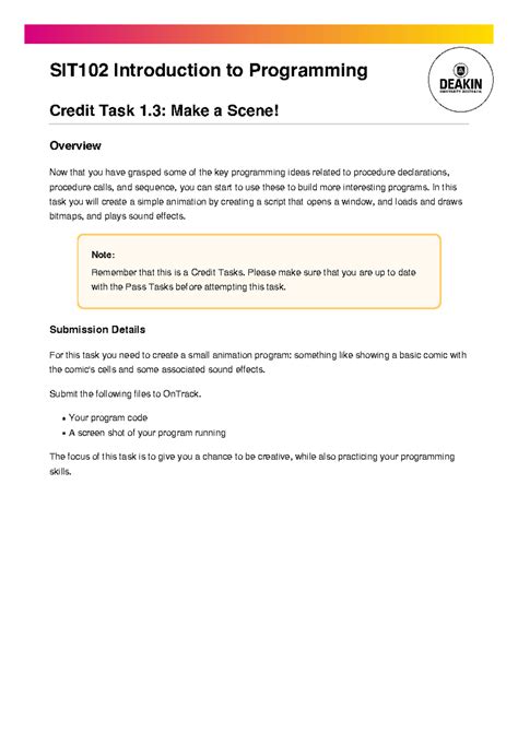 Sit102 Week 1 Assignment 3 Sit102 Introduction To Programming Credit Task 1 Make A Scene