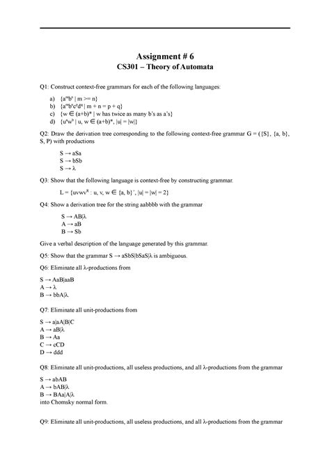 Theory Of Automata Assignment Context Free Grammar Assignment CS Theory Of