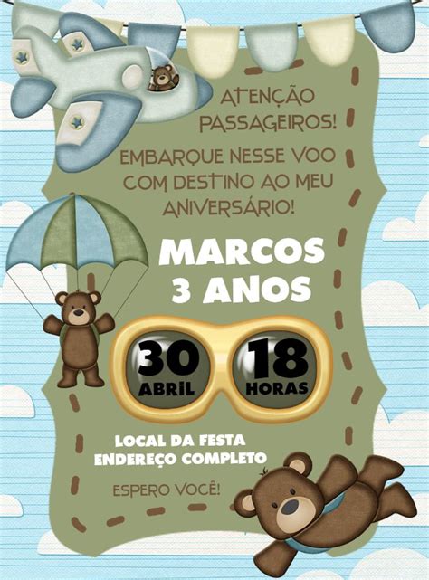 Convite Aniversário Ursinho Aviador
