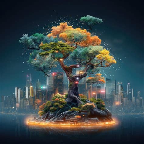 Digital Tree With Sprouts And Binary Code In Glowing Futuristic Style