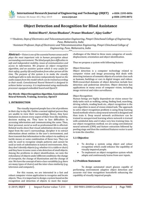 irjet object detection and recognition for blind assistance pdf