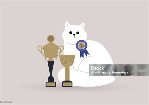 황금 골블릿과 메달과 함께 포즈를 취하는 고양이 대회의 우승자 승리 개념 애완고양이에 대한 스톡 벡터 아트 및 기타 이미지 애완고양이 성공 승리 동작 활동 Istock