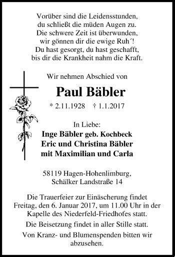 Traueranzeigen Von Paul Bäbler Trauer In Nrw De