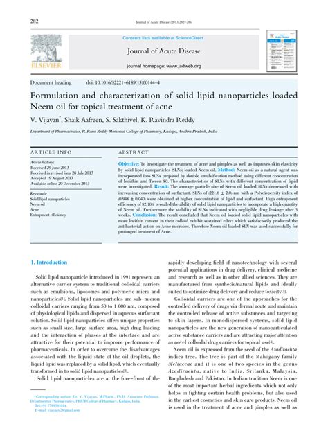 Pdf Formulation And Characterization Of Solid Lipid Nanoparticles Loaded Neem Oil For Topical