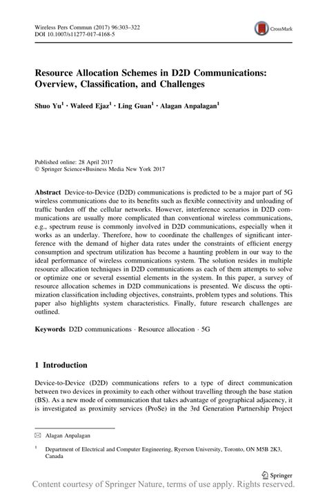 Resource Allocation Schemes In D2d Communications Overview Classification And Challenges