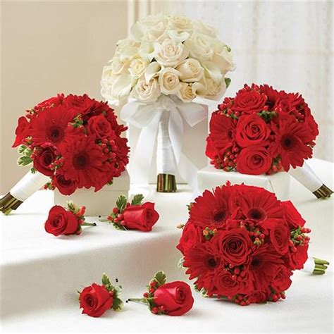 Red And White Personal Package 1 White Bridal Bouquet 3 Bridesmaid