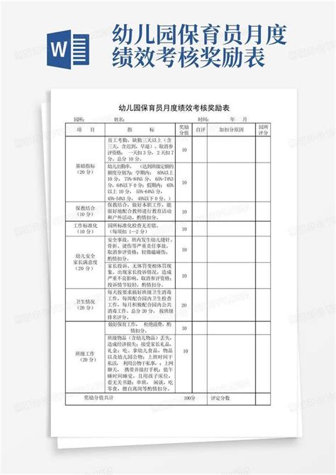 幼儿园保育员月度绩效考核奖励表 Word模板下载编号lawrobyb熊猫办公