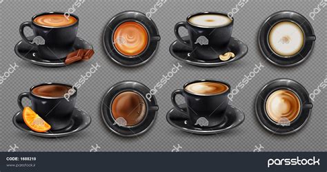 فنجان های قهوه سیاه سه بعدی واقع گرایانه با قاشق نمای بالا و کناری کاپوچینو کاکائو آمریکایی