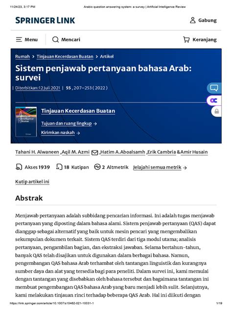 Arabic Question Answering System A Survey Artificial Intelligence Review Pdf