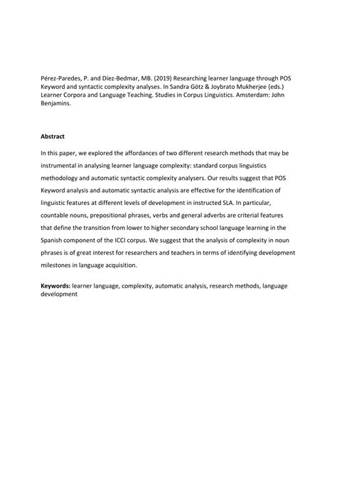 Pdf Researching Learner Language Through Pos Keyword And Syntactic