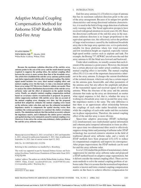 adaptive mutual coupling compensation method for airborne stap radar