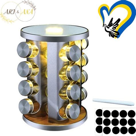 Набір ємностей для спецій на круглій підставці 16шт срібного кольору з Led підсвіткою Ariandana