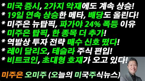 오늘의 미국주식뉴스 미주은 탑픽 한 종목 추가 역발상 매수 신호 떴다 레이 달리오 테슬라 주식 편입 비트코인