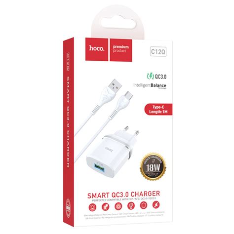 Сетевое зарядное устройство HOCO C12Q Smart 1xUSB с Кабелем USB - Type ...