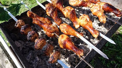 바베큐 구이 돼지 고기 케밥 고기 양고기 케밥 양념 코카서스 바베큐 고기 Shashlik Shish 케밥 야외 피크닉 동유럽과 러시아에서 인기있는 샤슬릭 또는 쉬쉬 케밥 0