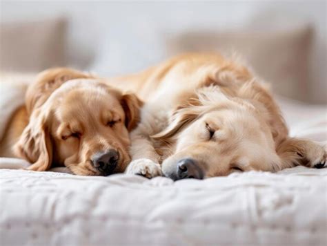 Two Golden Retrievers Sleeping Peacefully On Bed Ai Generative