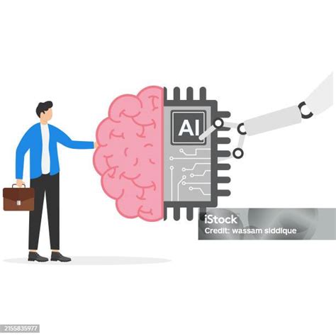 Ai로 작업하기 인간과 기계의 협업 인공 지능과 신경망을 작업 흐름에 통합합니다 사업가와 로봇은 뇌와 칩을 연결합니다 혁신 개념 벡터 인공지능에 대한 스톡 벡터 아트 및