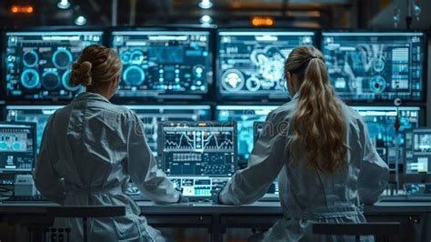 Laboratory Scientists Analyzing Data On Multiple Screens In Modern Lab Stock Illustration