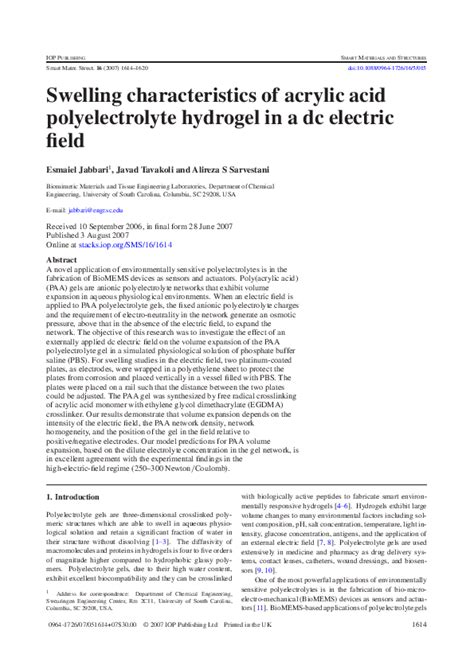 Pdf Swelling Characterization Of Anionic Acrylic Acid Hydrogel In An External Electric Field