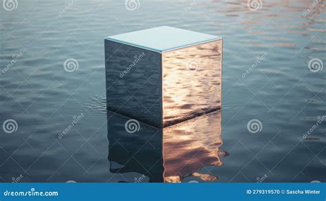 Reflective Serenity The Captivating Metallic Cube On Calm Waters Stock Illustration
