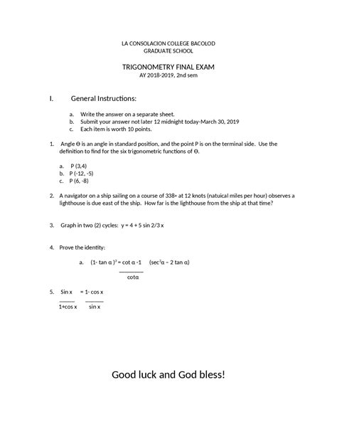 Exam In Trigonometry Docsity