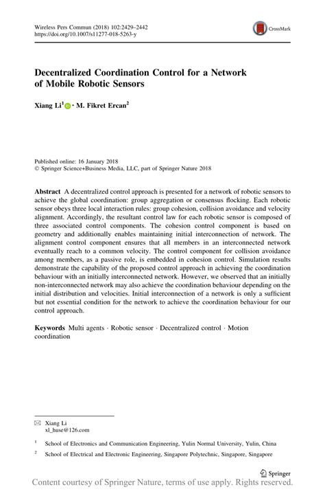 Decentralized Coordination Control For A Network Of Mobile Robotic Sensors Request Pdf