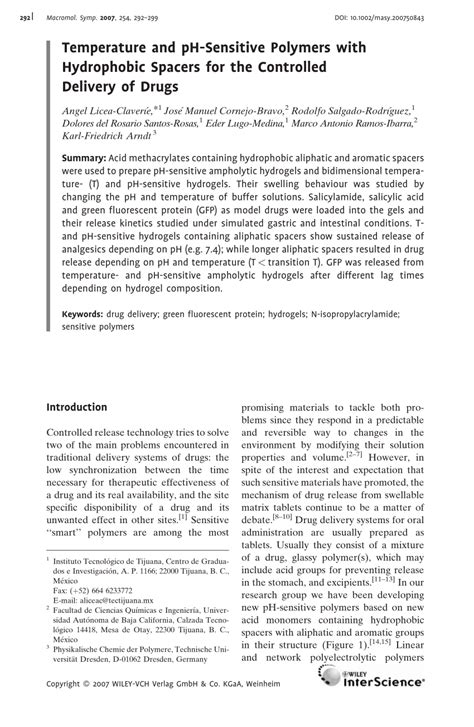 Pdf Temperature And Ph‐sensitive Polymers With Hydrophobic Spacers For The Controlled Delivery