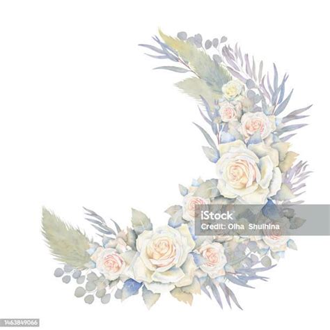 수채화 흰 장미와 유칼립투스 가지가 달의 형태로 화환 배열 보호 스타일의 팜파스 잔디와 웨딩 부케 밝은 색상의 섬세한 꽃 달