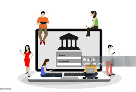 온라인 뱅킹 및 회계를 위해 노트북과 모바일 스마트 폰을 사용하는 사람들의 모바일 뱅킹 개념 그림 신용 카드와 은행 기호와 큰 가제트 근처 평면 남성과 여성 가계에 대한