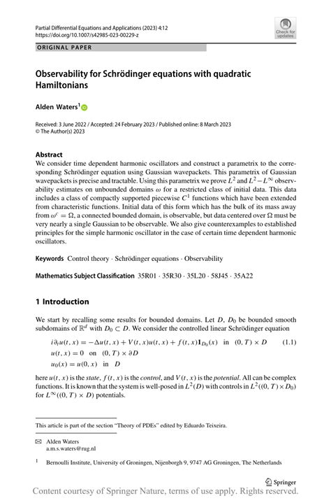 Pdf Observability For Schrödinger Equations With Quadratic Hamiltonians