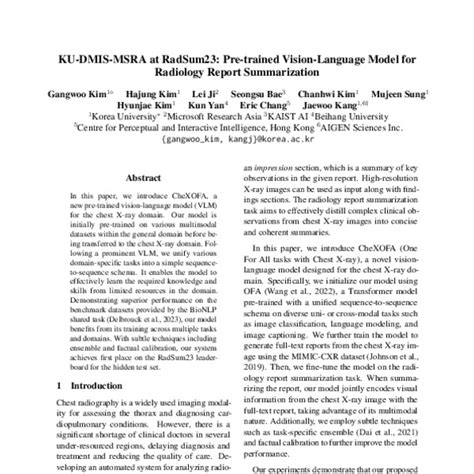 Ku Dmis Msra At Radsum23 Pre Trained Vision Language Model For Radiology Report Summarization